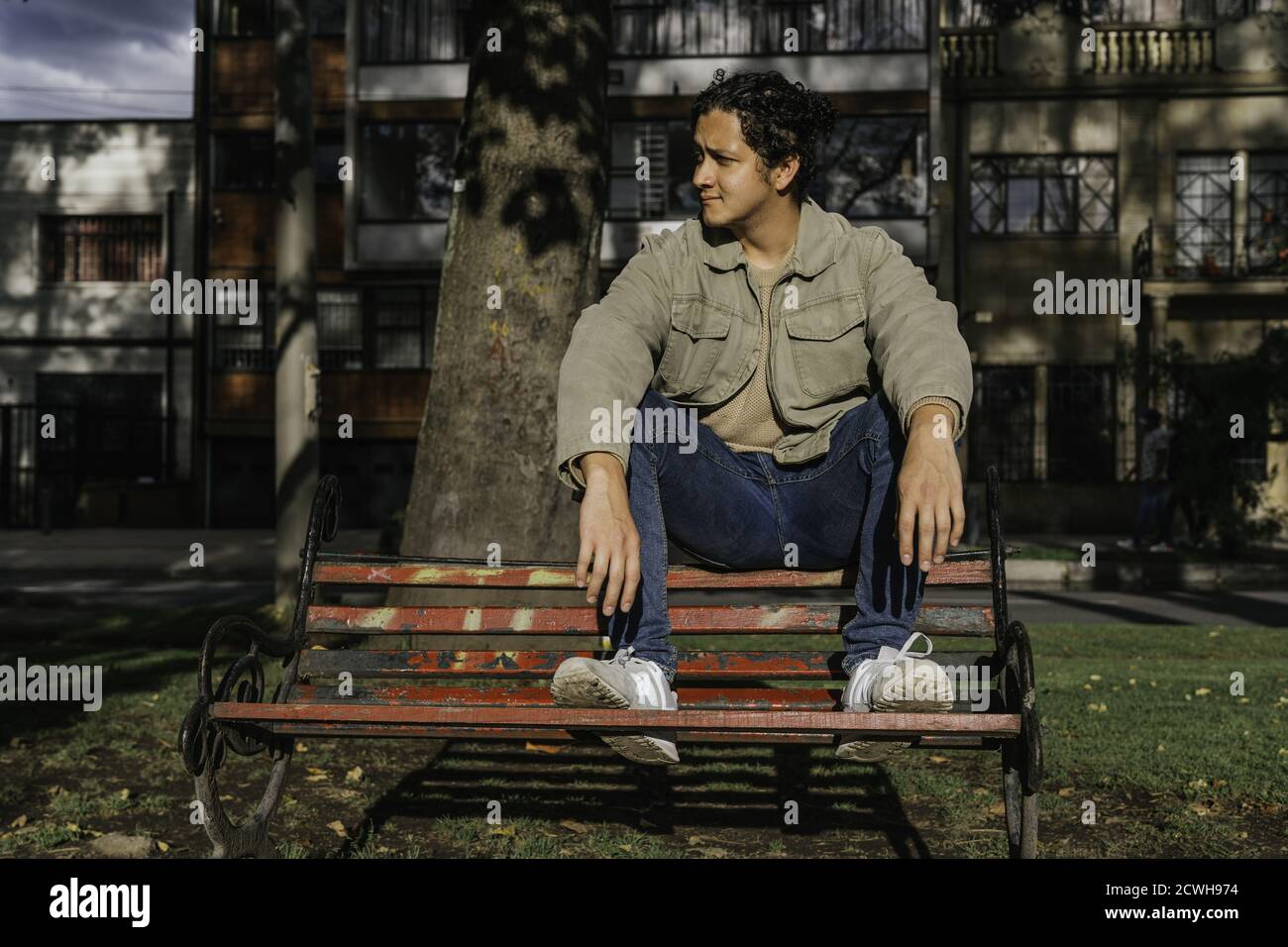Portrait of a young man sitting on a bench backrest Stock Photo - Alamy