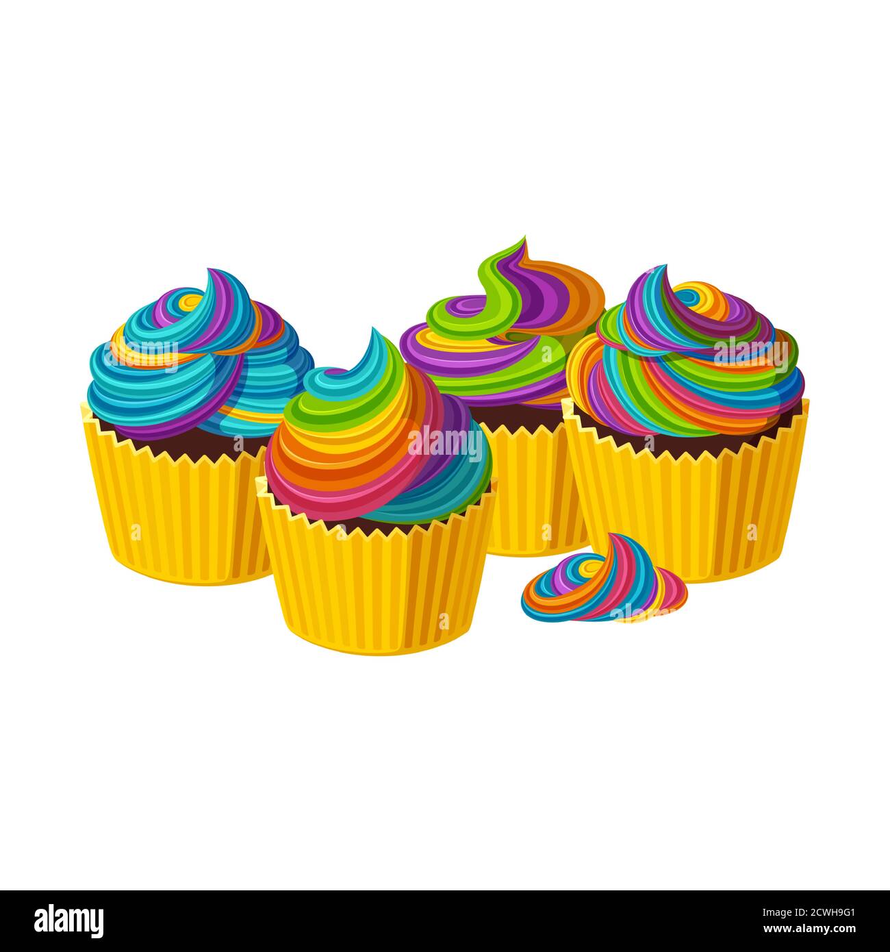 Rainbow cupcakes with spiral icing. Tasty cakes with colorful cream. Vector illustration in cute ...