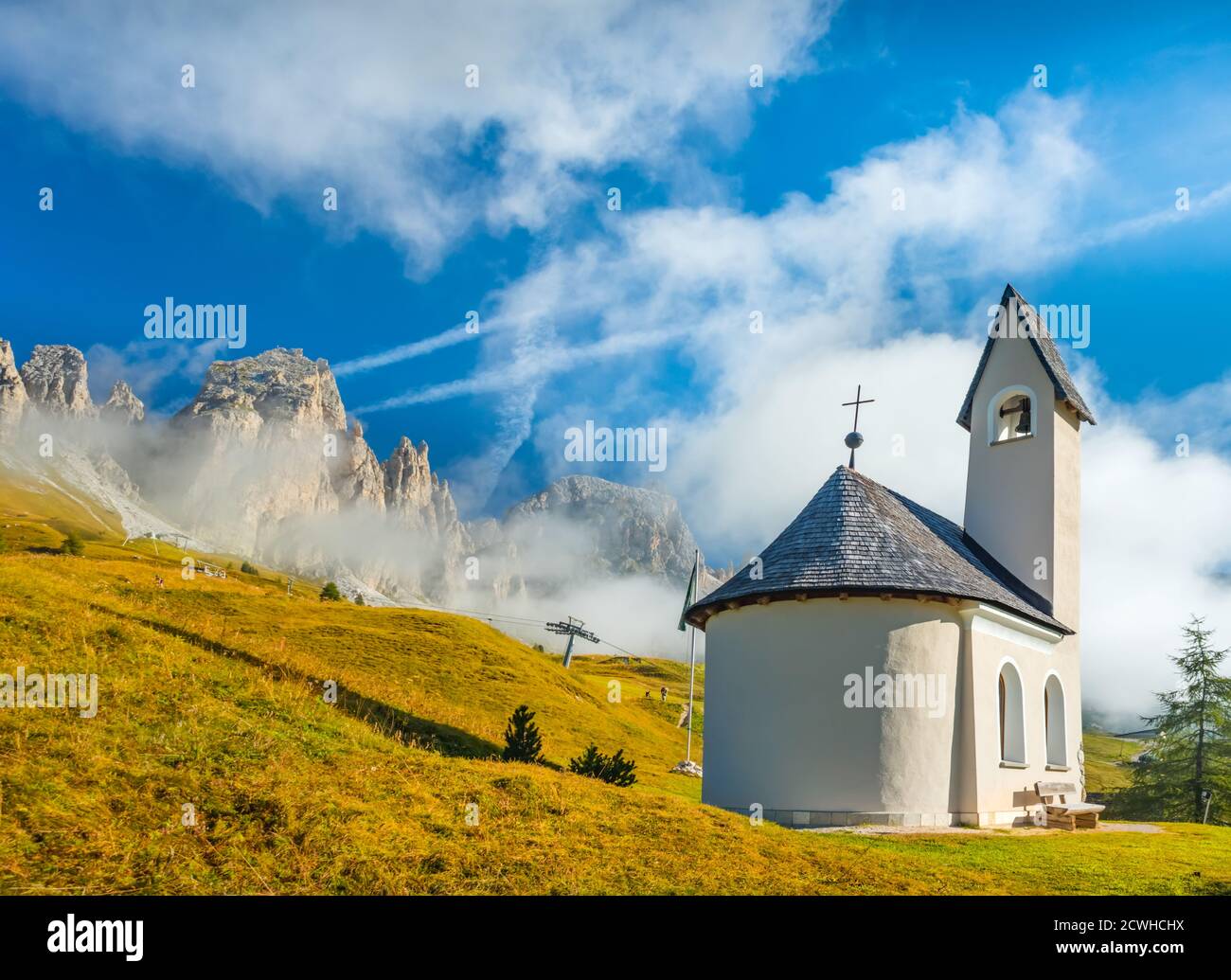 Chapel with mountain view in background, Passo Gardena, Dolomite ...