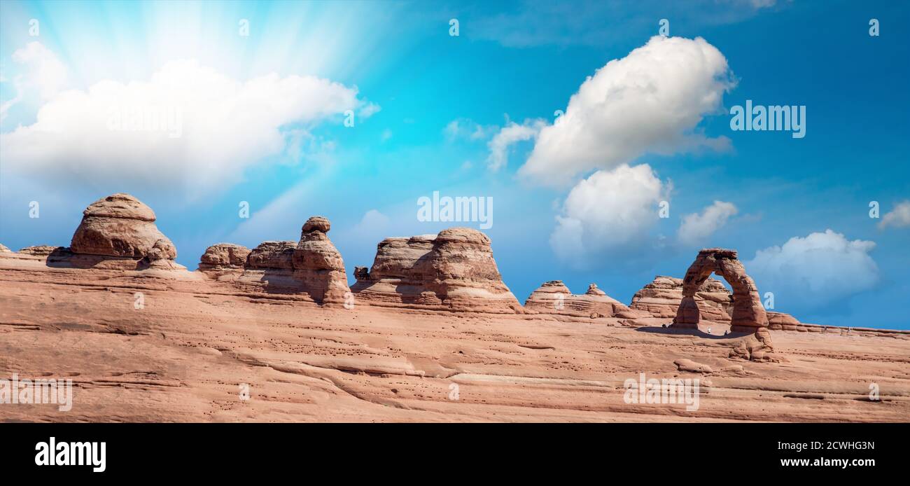 Panoramic view of Delicate Arch at sunset, Arches National Park Stock ...