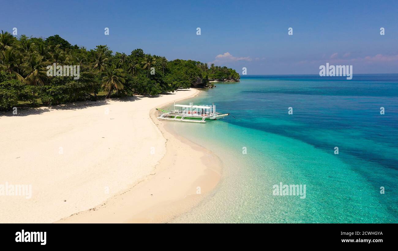 Tropical island on the attole, top view. White sandy beach with palm ...