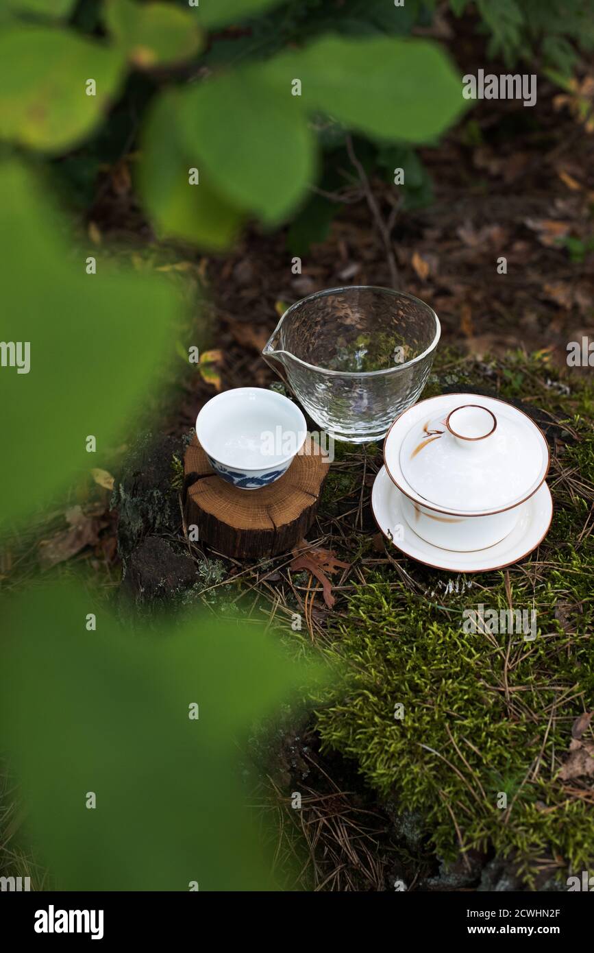 Chinese teaware set at forest with copyspace Stock Photo - Alamy