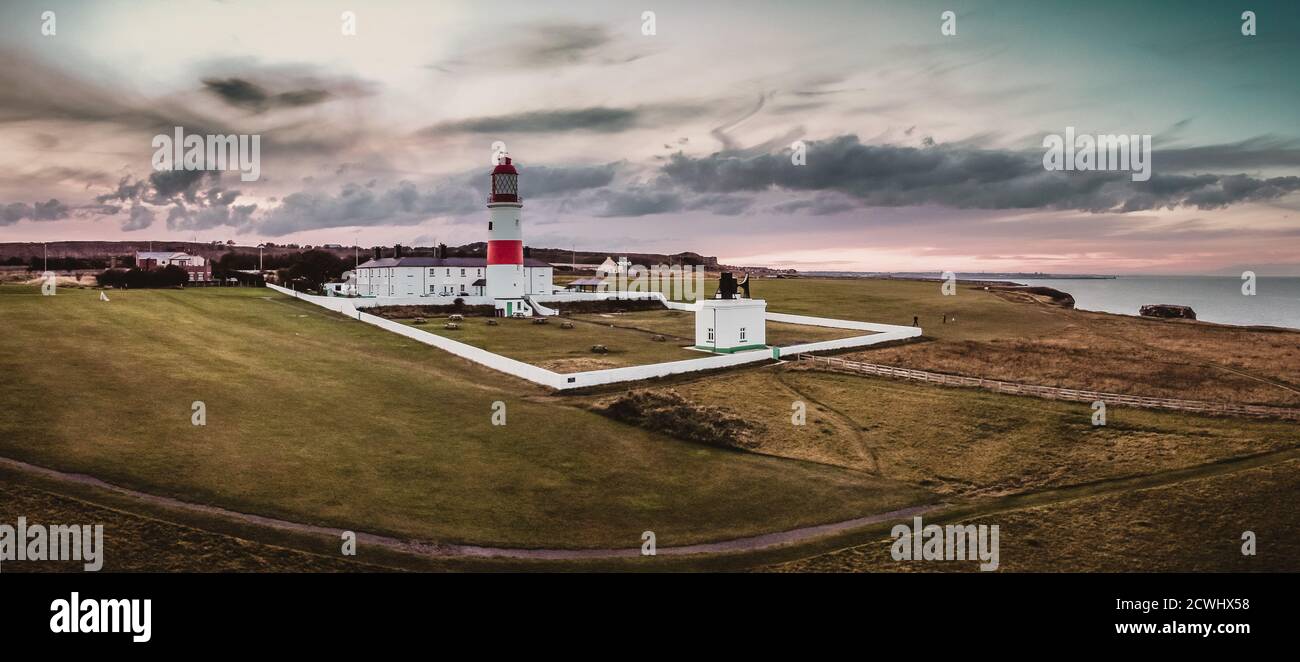 Aerial / drone view of Souter Lighthouse in near South Shields, England ...