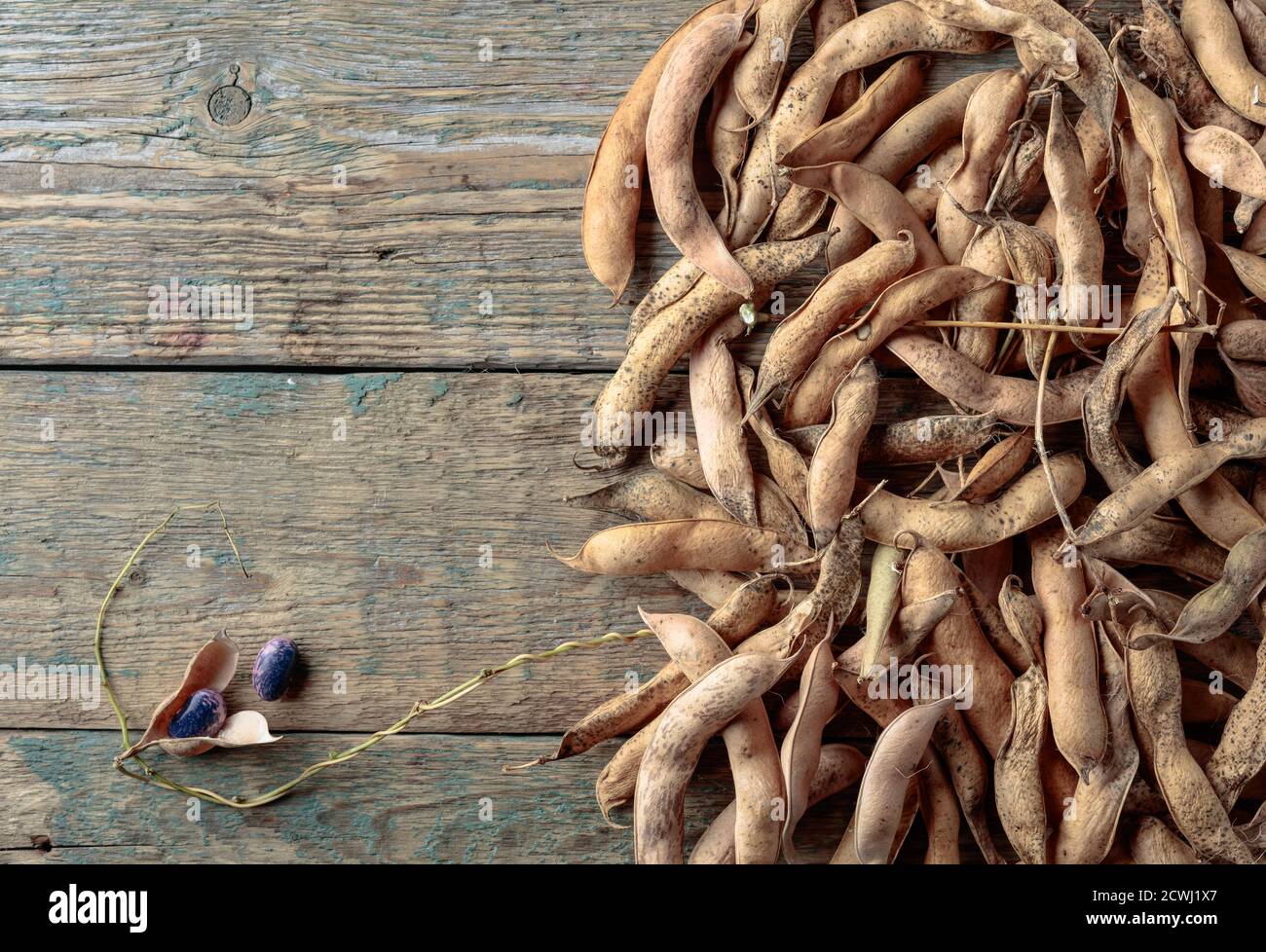 Dry bean pods, healthy organic food. Old wooden background. Top view ...