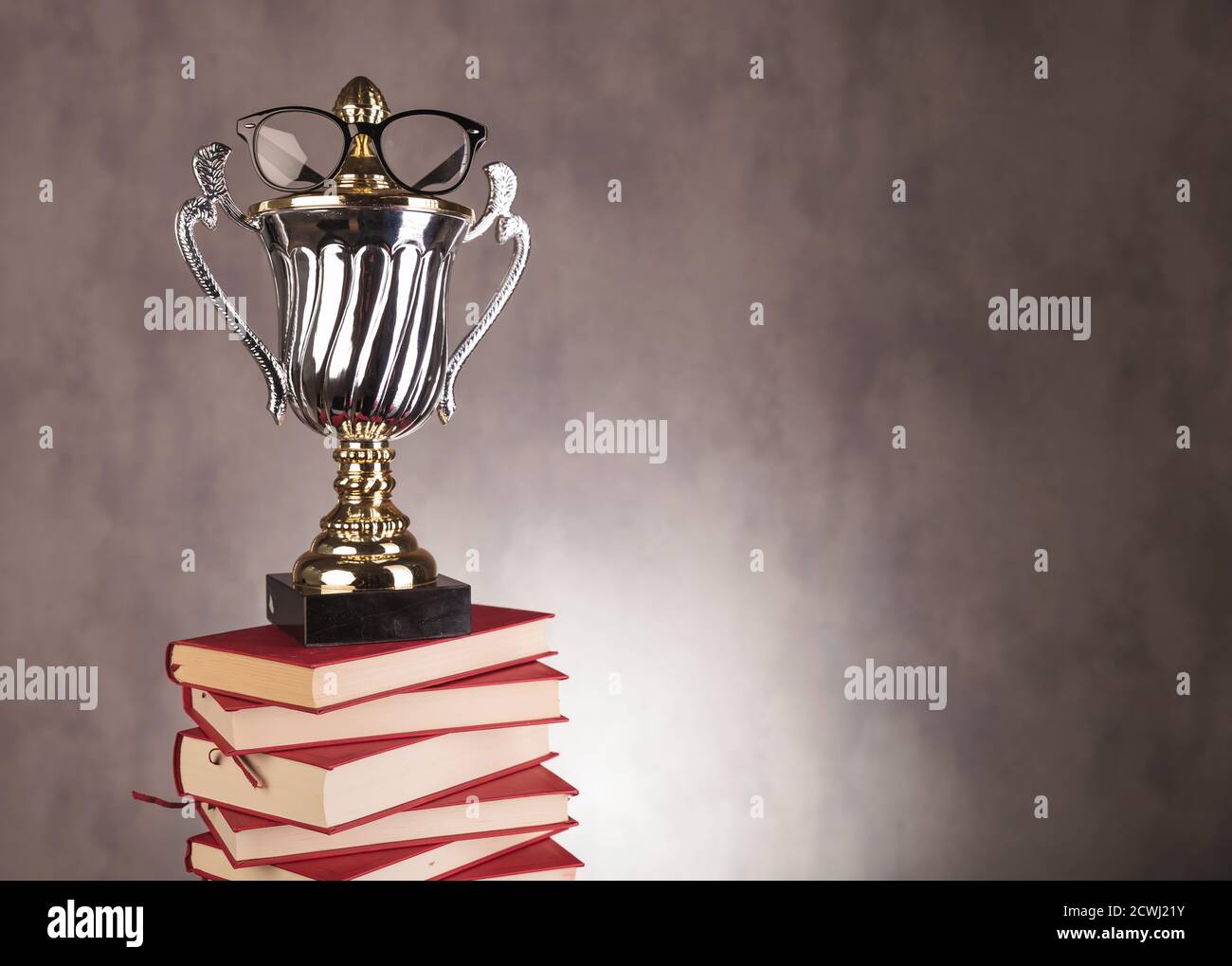 student champion award with glasses on pile of books, studio picture ...