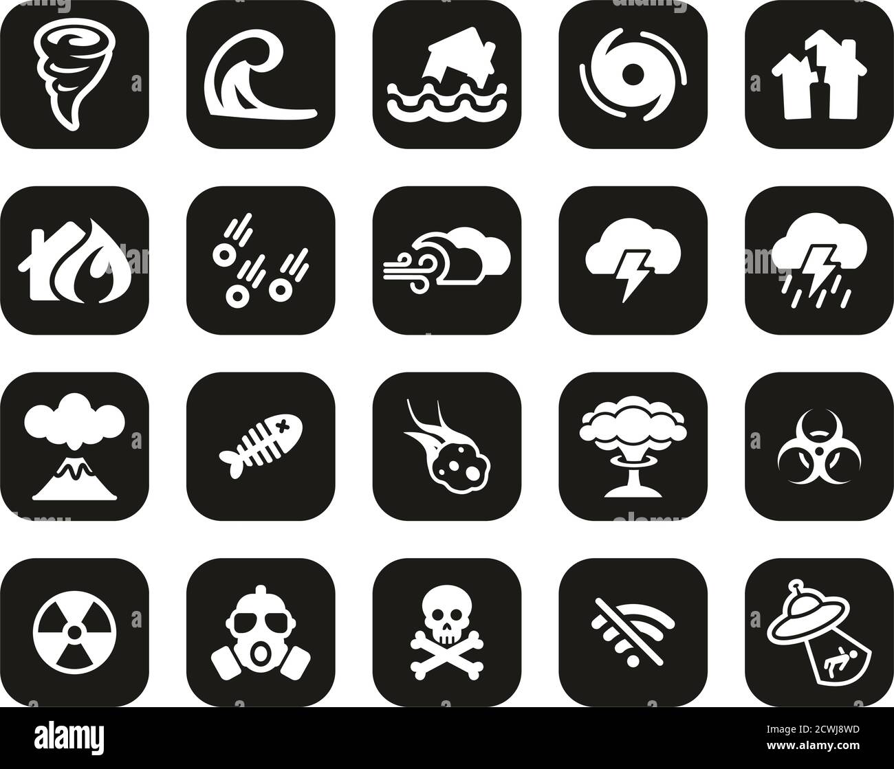 Armageddon Or Disaster Icons White On Black Flat Design Set Big Stock ...