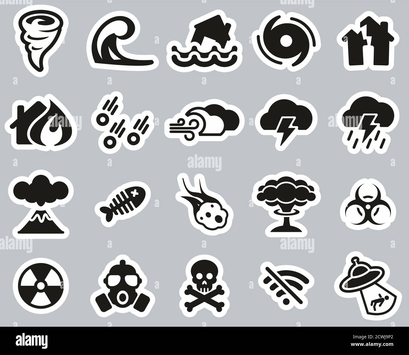 Armageddon Or Disaster Icons Black & White Sticker Set Big Stock Vector ...