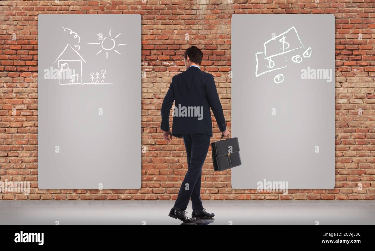 walking business man making a big decision between a family or a career ...