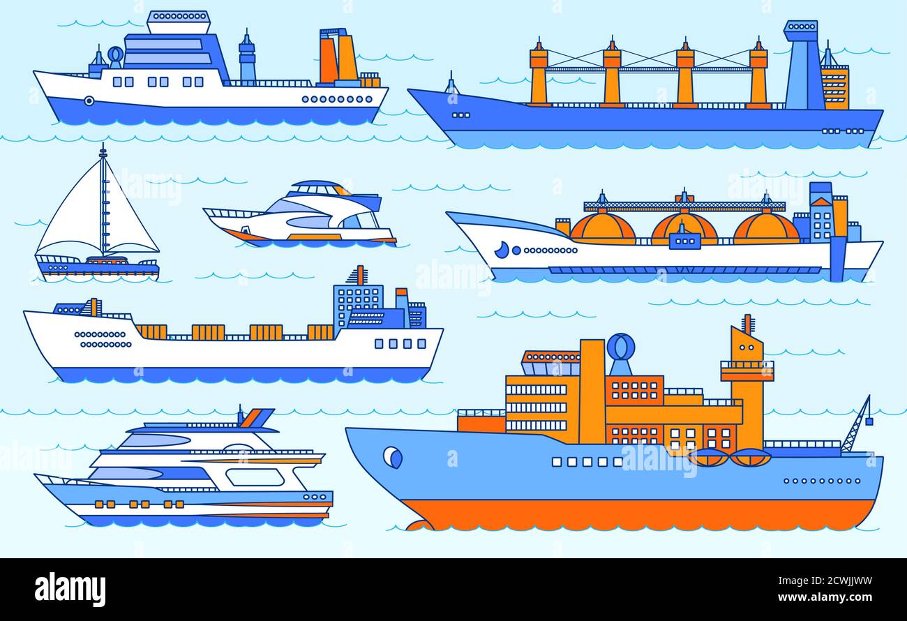 Vector set of ships: tanker, bulk carrier, dry cargo ship, icebreaker ...