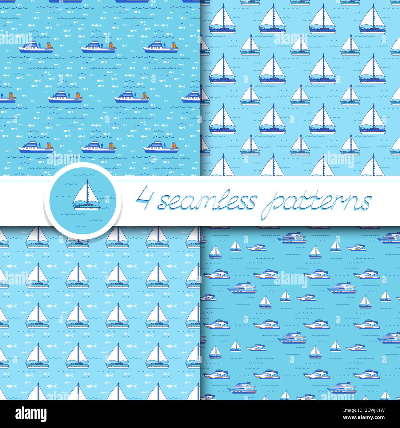 Vector set of four seamless patterns with ships: bulk carrier, yacht ...