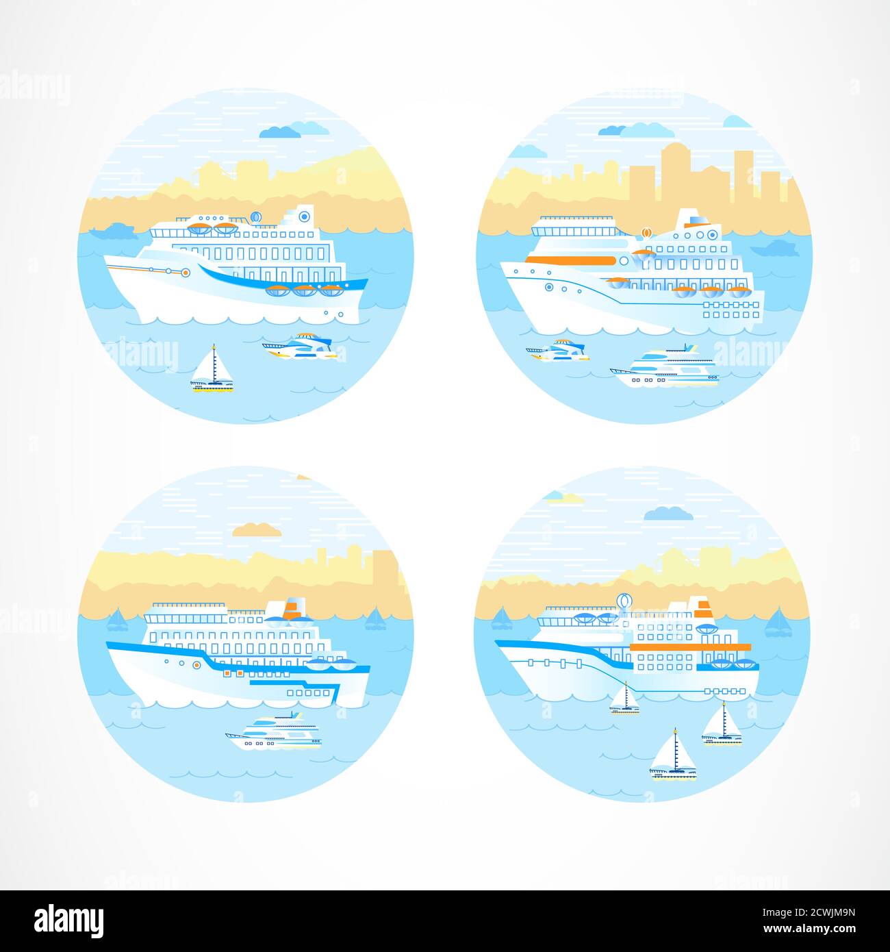 Vector set of round icons with ships: сruise liners, yachts and ...