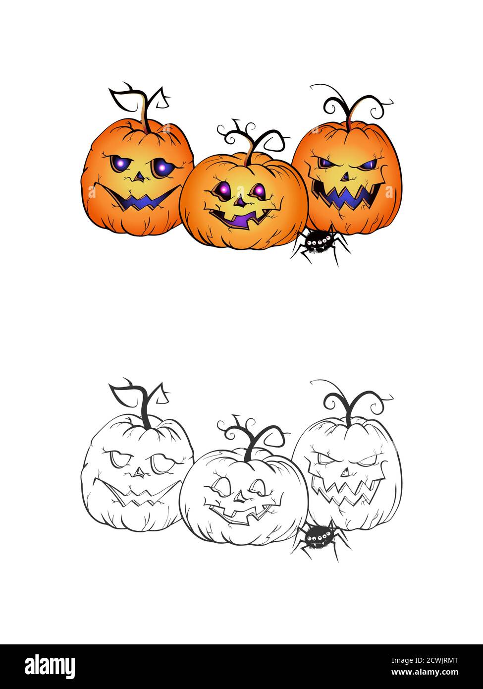 Halloween illustration with smiling Pumpkins and spider on a white ...