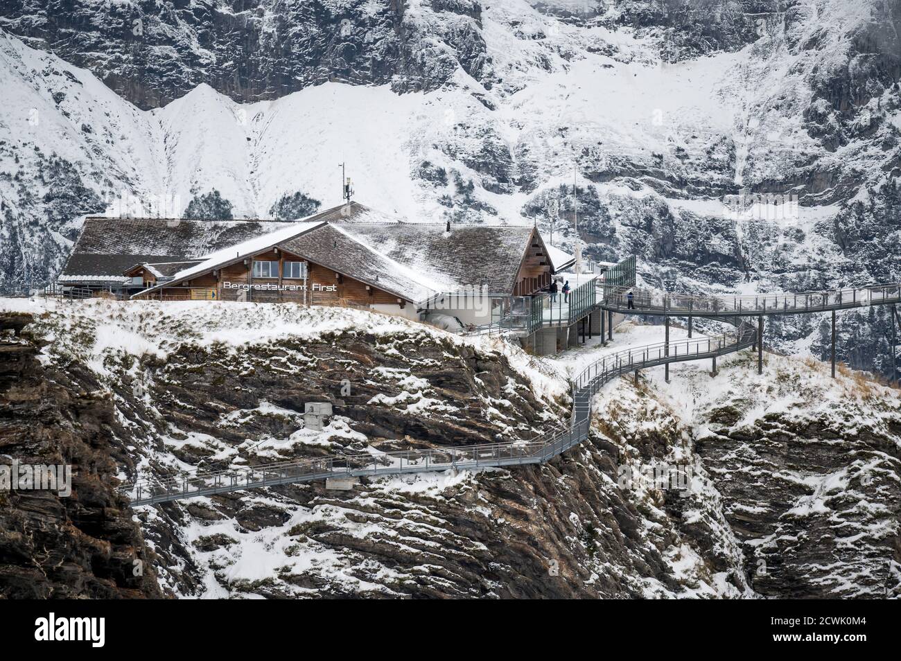 Grindelwald First with First Cliff Walk during first snow Stock Photo ...