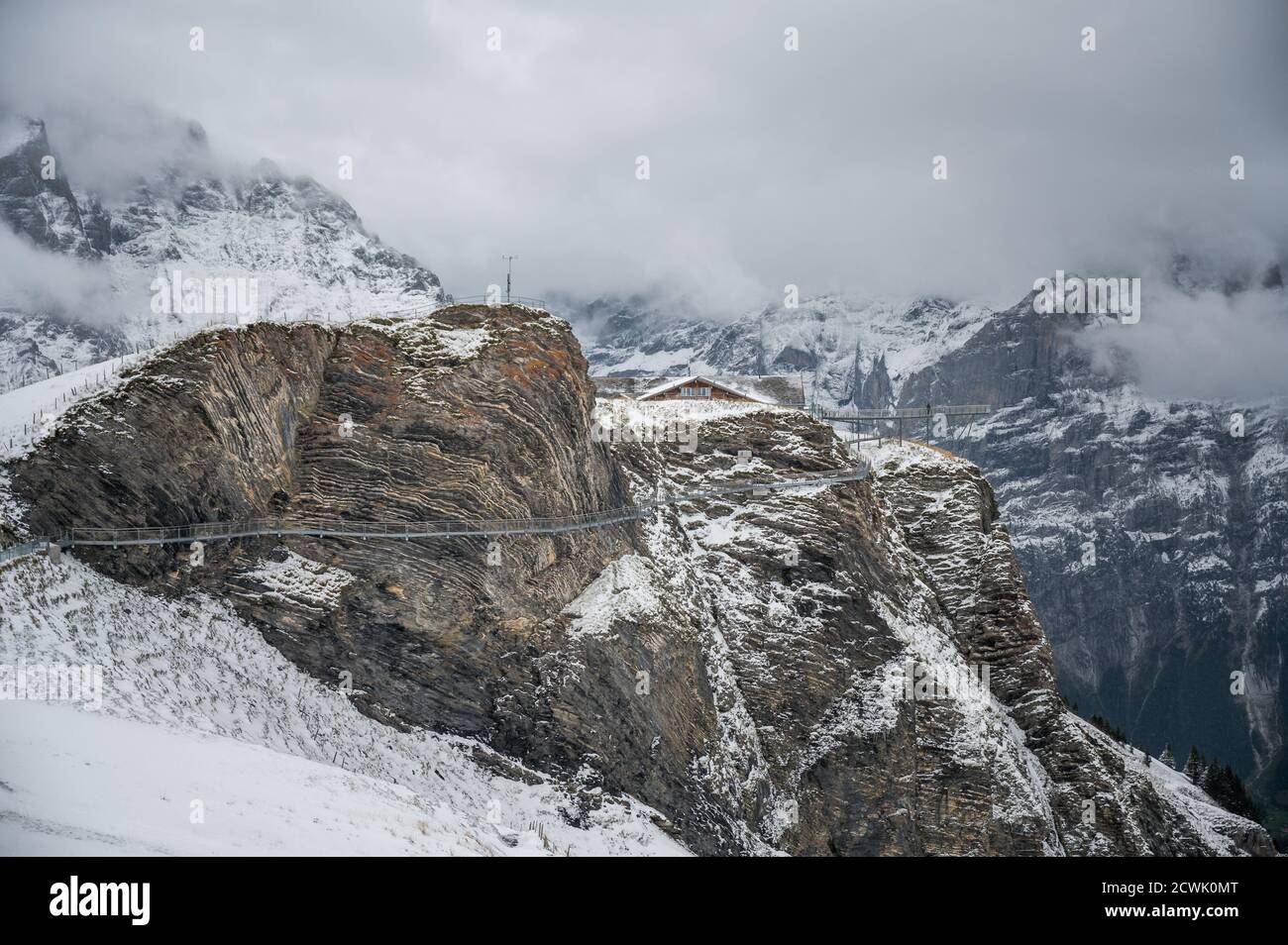 Grindelwald First with First Cliff Walk during first snow Stock Photo ...
