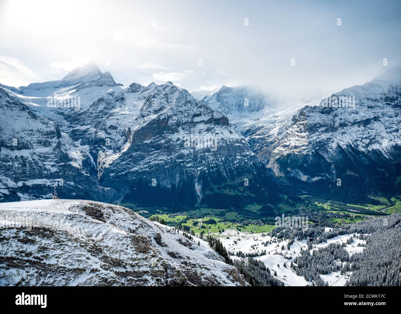 view over Grindelwald with Schreckhorn in first snow Stock Photo - Alamy