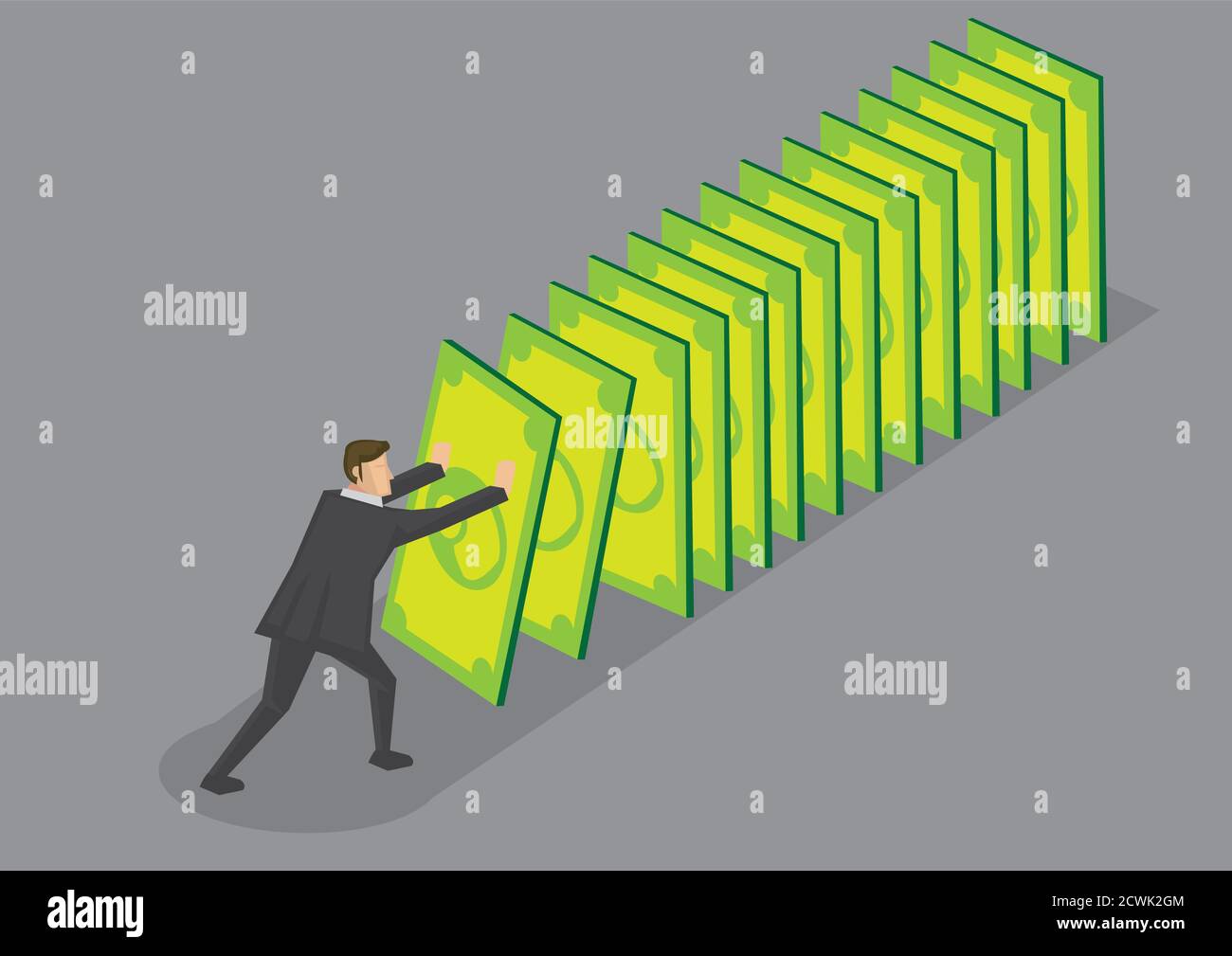 Businessman pushing money cards setting off falling chain reaction ...