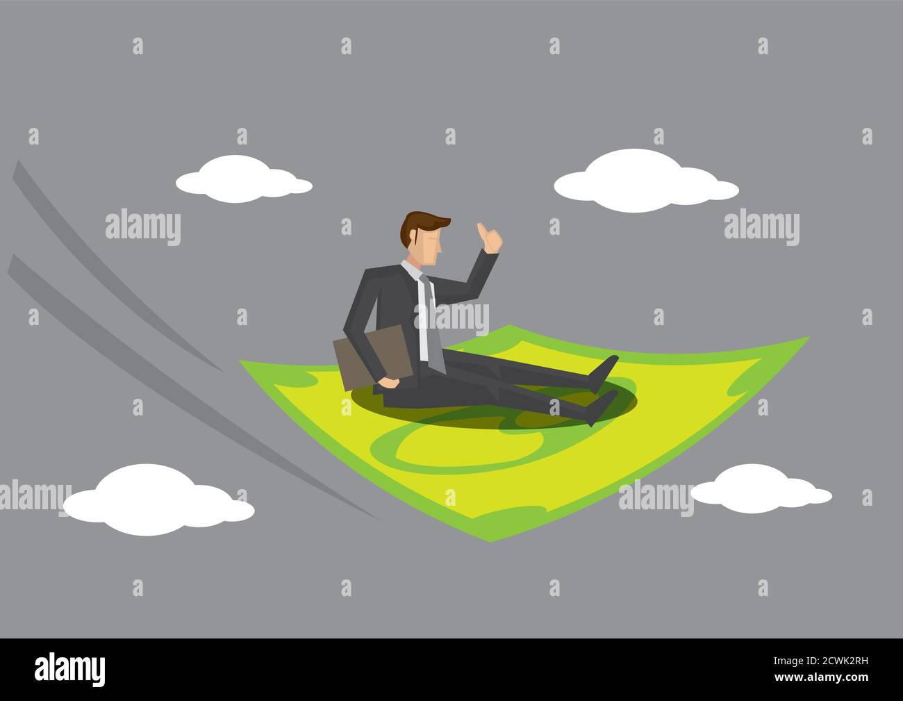 Cartoon man flying in the sky on dollar note magic carpet. Creative ...