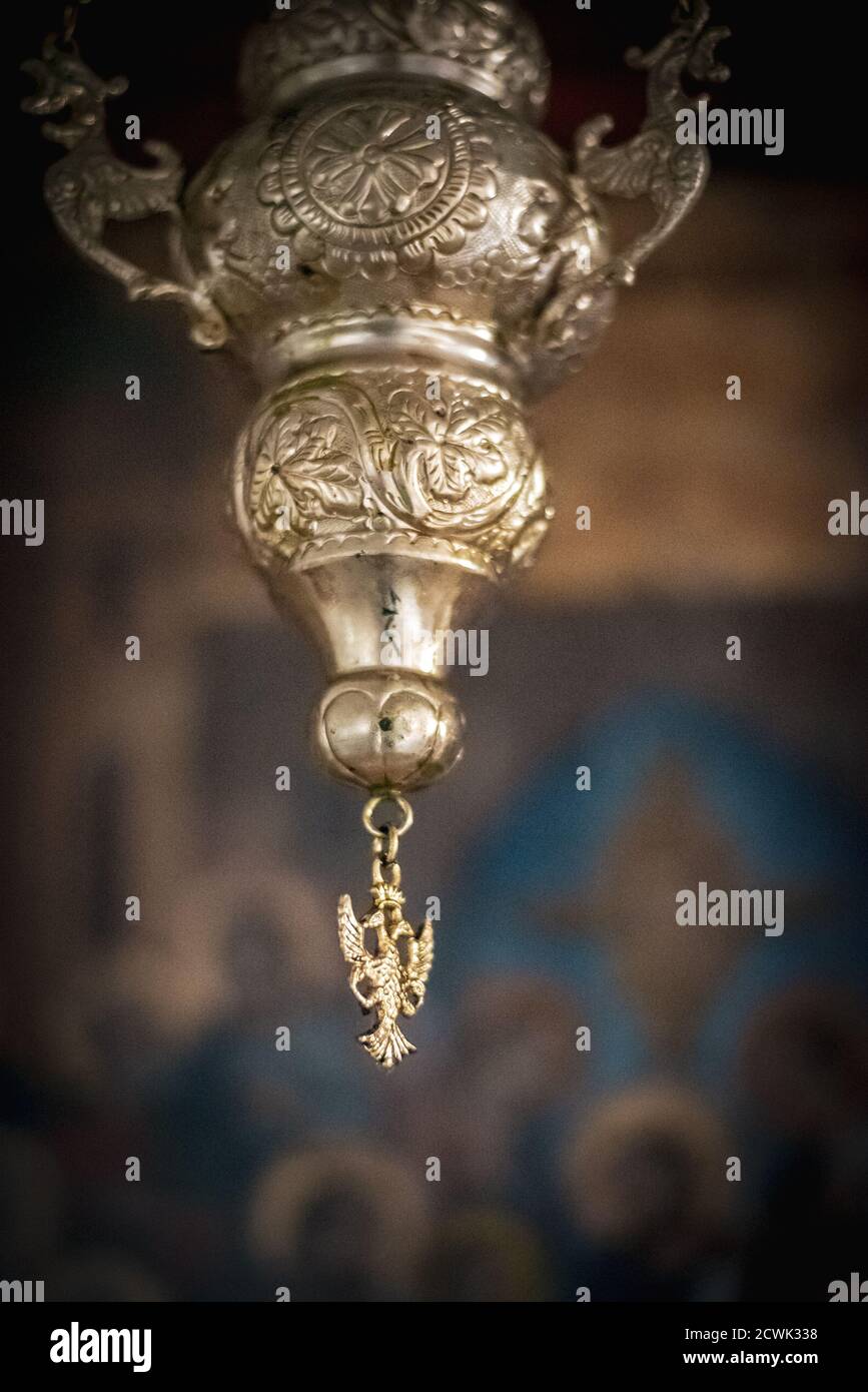 The interior of an old Protestant church located in Polyrrhenia village ...