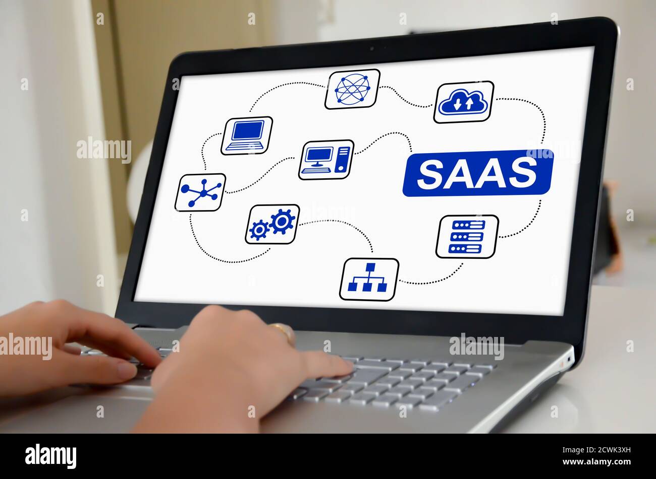 Hands on a laptop with screen showing saas concept Stock Photo - Alamy