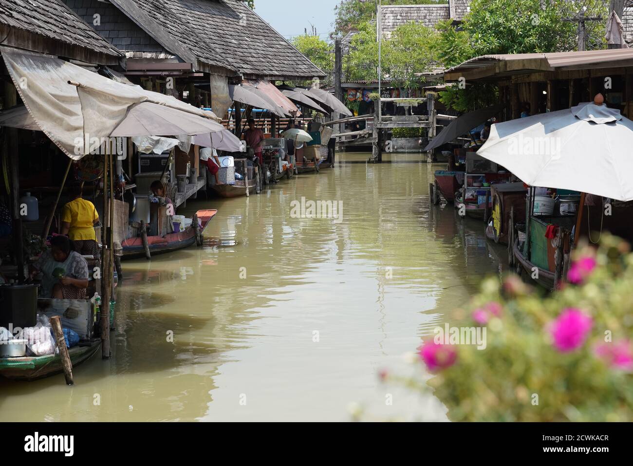 Water market and temple in Thailand Stock Photo - Alamy