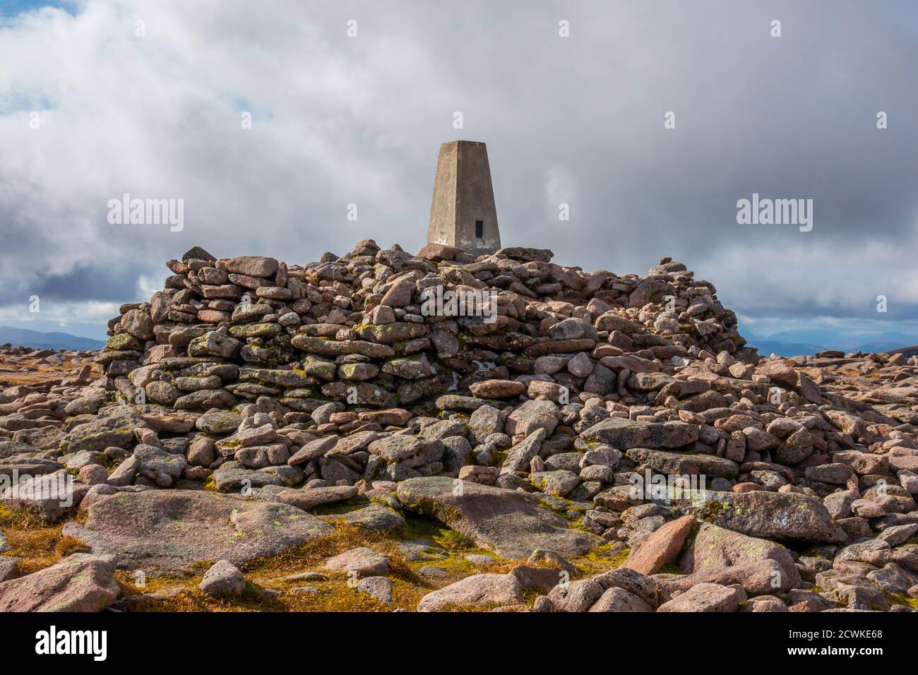 The trig point at the summit of the mountain Ben Macdui, the 2nd ...
