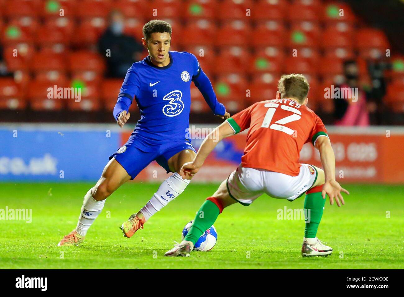 Henry Lawrence of Chelsea U21 takes on Alfie Bates of Walsall during ...