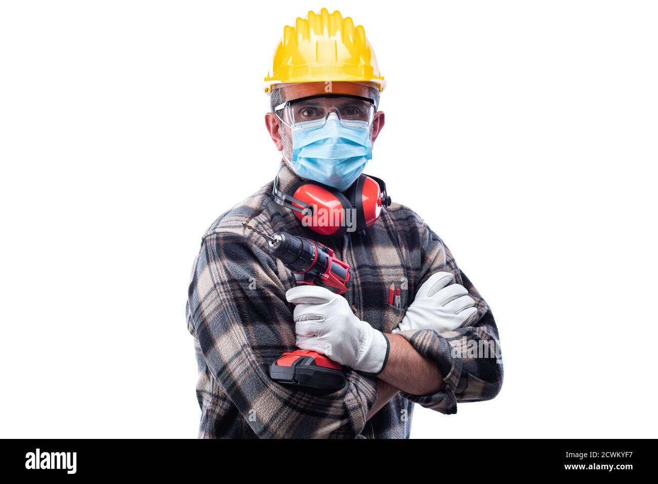 Carpenter worker isolated on white background, wears helmet, goggles ...