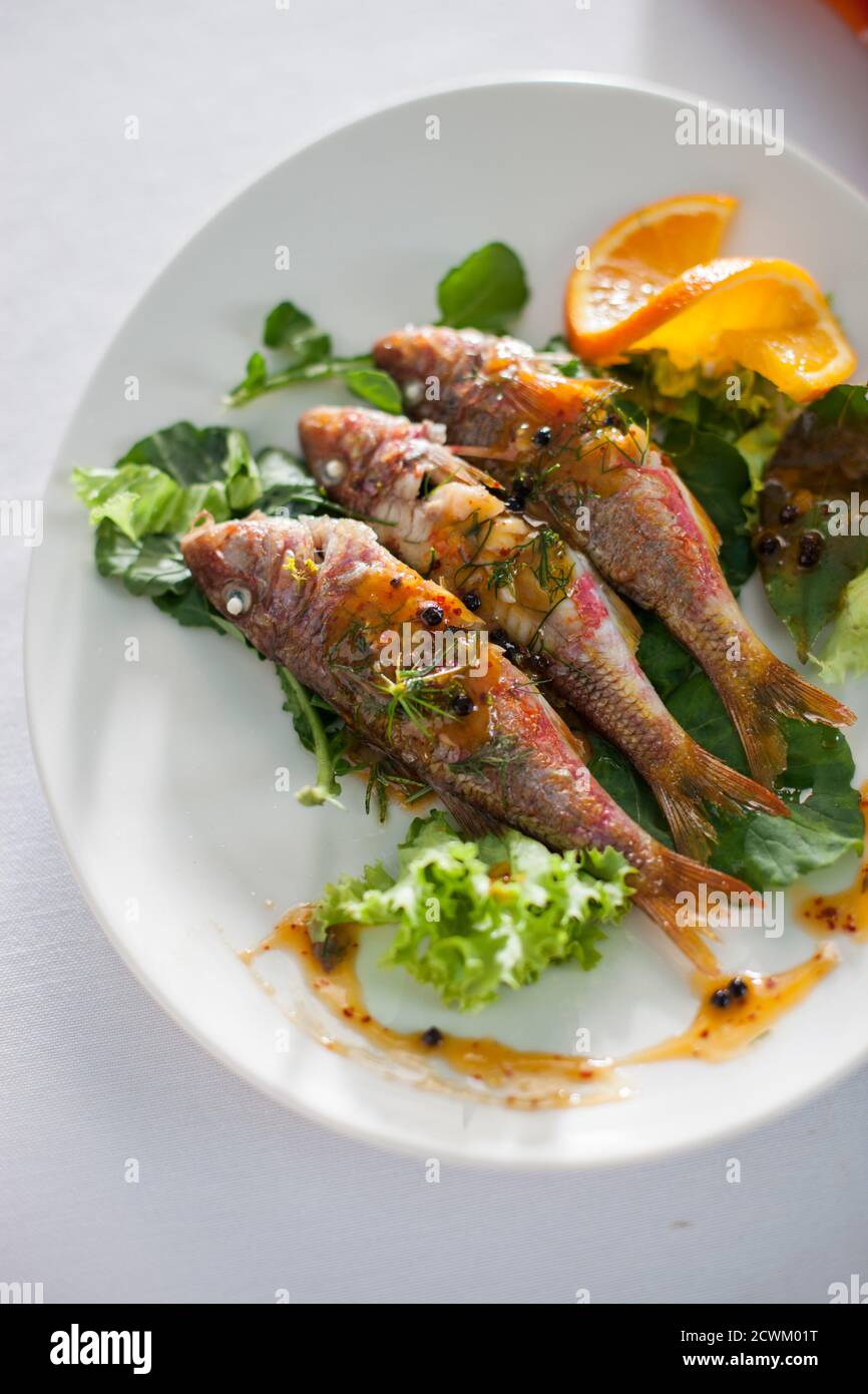 Plate of Fried Small Fish Red Mullet Stock Photo - Alamy