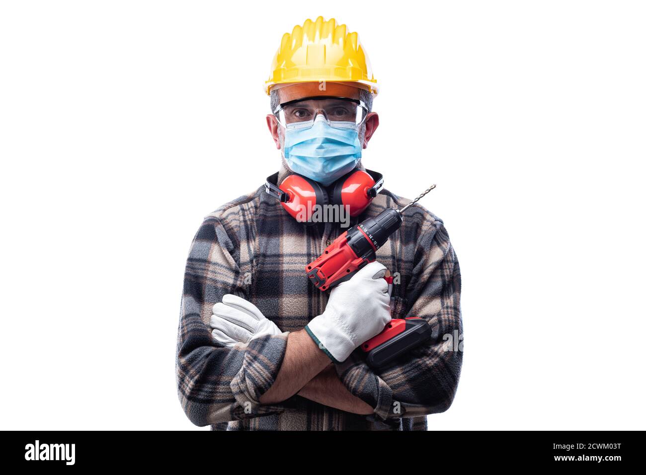 Carpenter worker isolated on white background, wears helmet, goggles ...