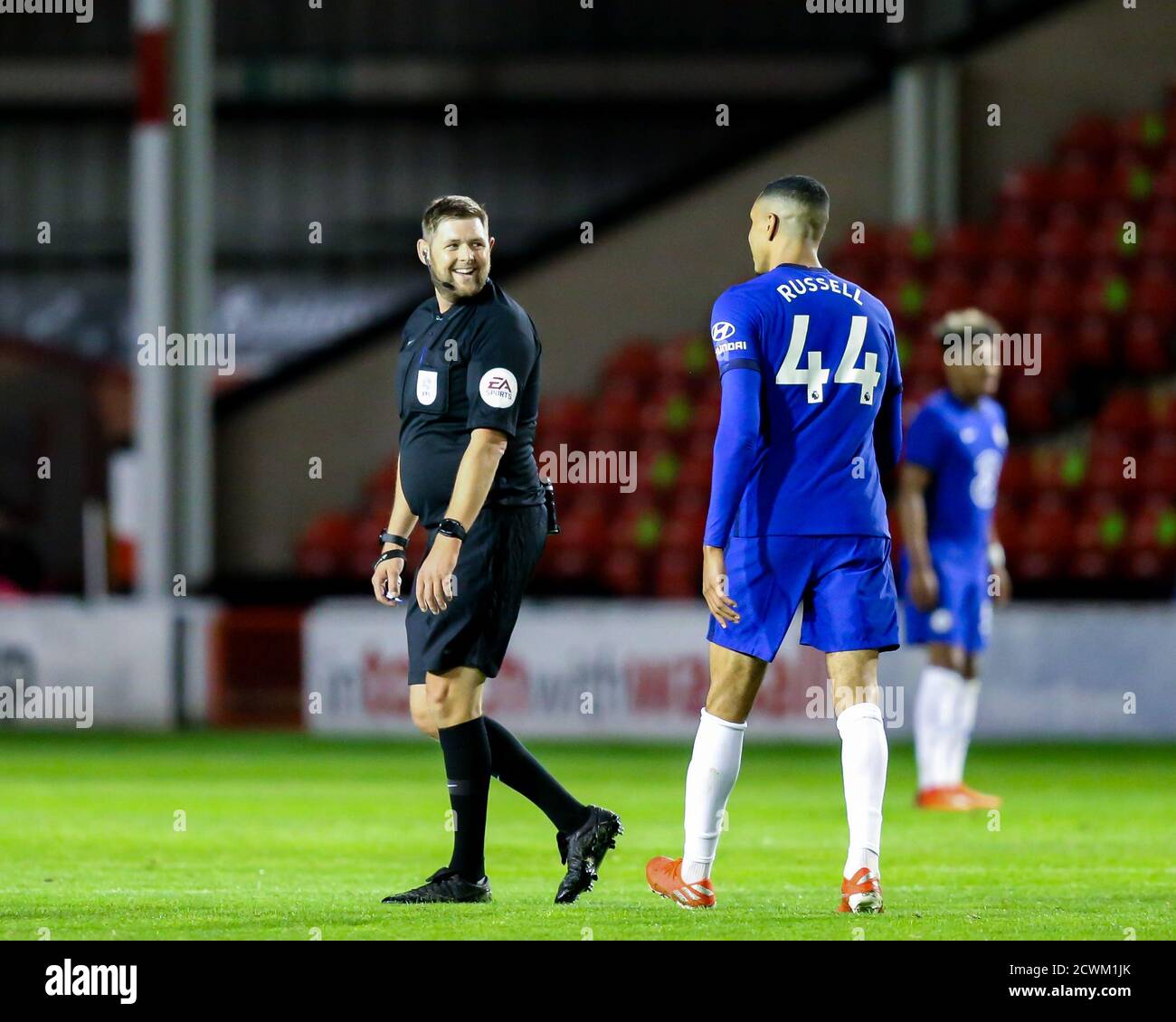 Walsall, UK. 29th Sep, 2020. Referee Brett Huxtable and Jon Russell of ...