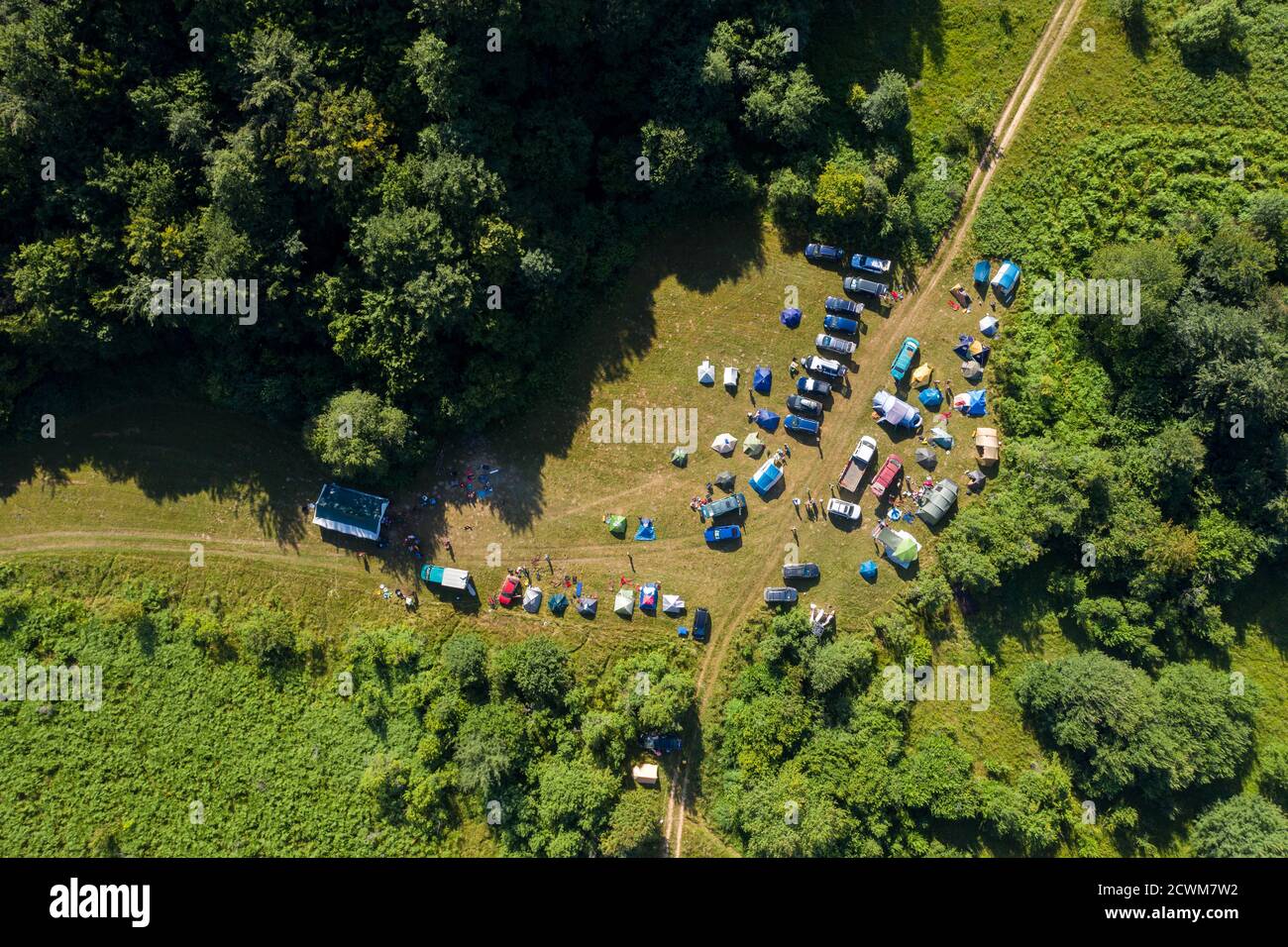 Aerial drone view of a camp with tents in the outdoors Stock Photo - Alamy
