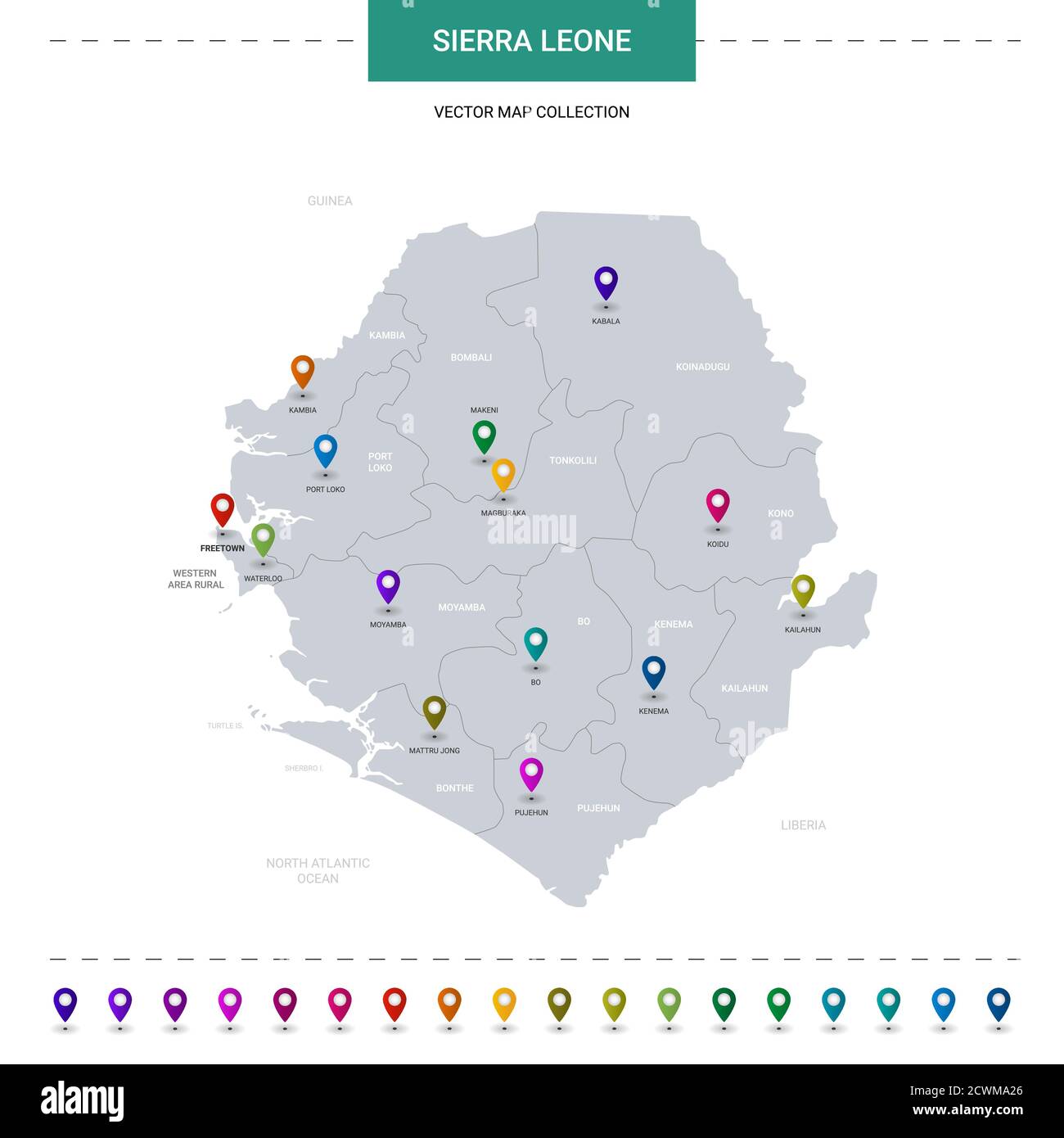Sierra Leone map with location pointer marks. Infographic vector template, isolated on white ...