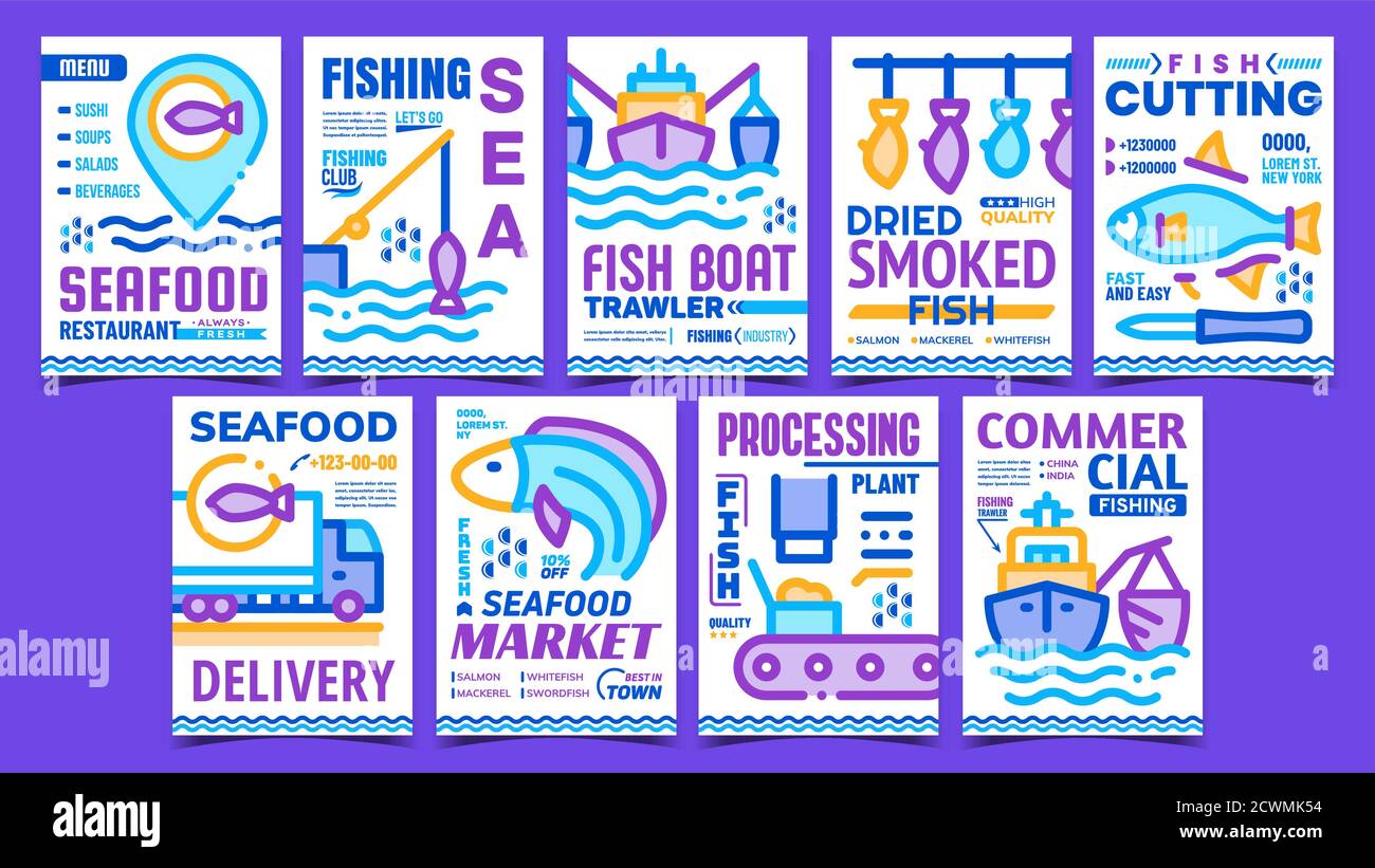Fishing Industry Advertising Posters Set Vector Stock Vector Image ...