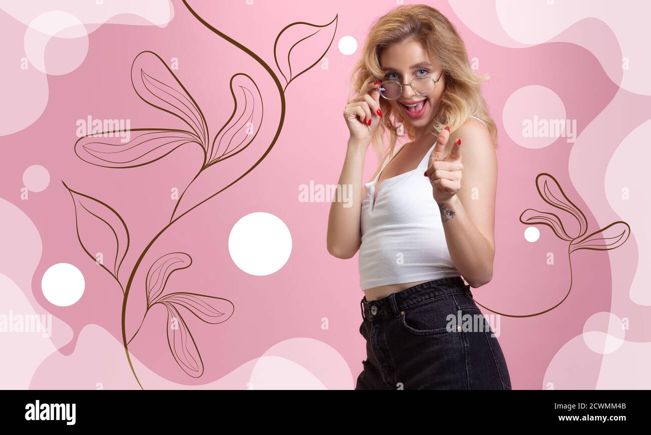 Pointing, smiling. Young woman's portrait isolated on line art ...