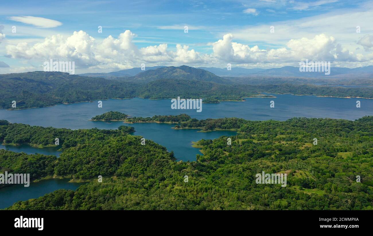 Beautiful landscape with green hills, top view. Azure Pantabangan lake ...