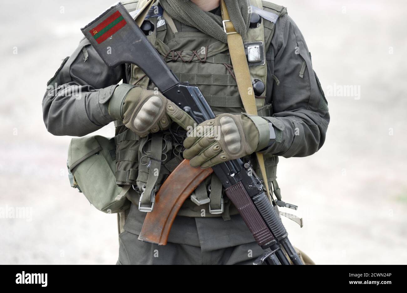 Flag of Transnistria on Kalashnikov rifle butt. Military, army, armed ...