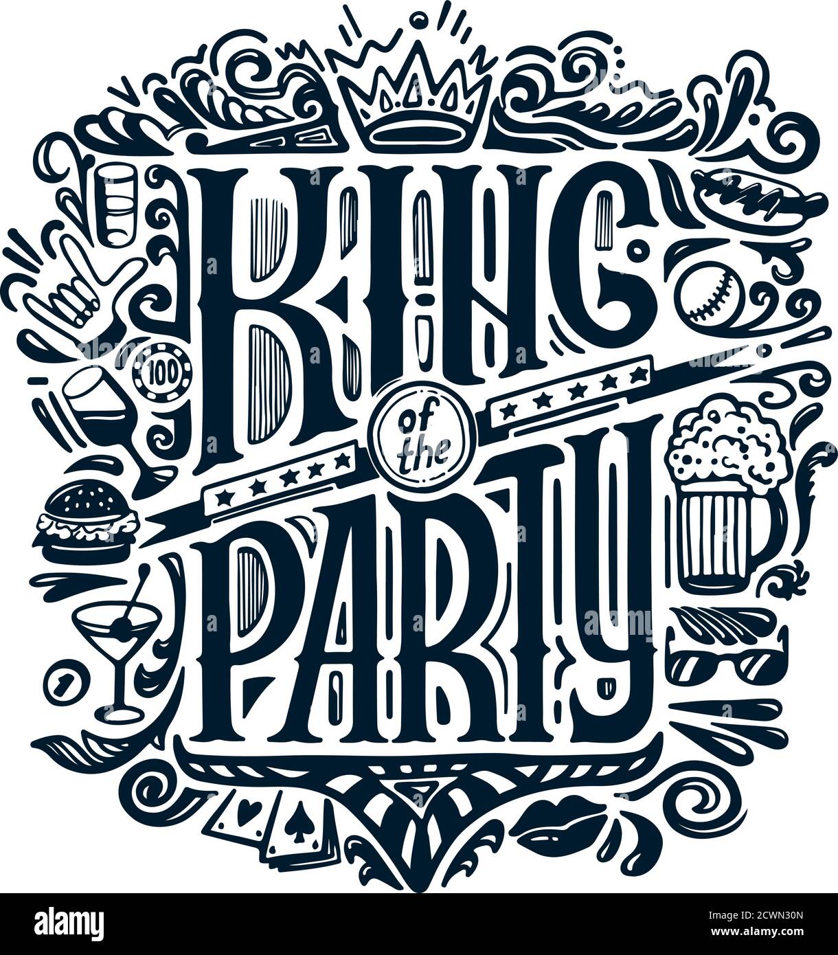 VECTOR PRINT for T-shirts. text KING of the PARTY and handwritten ...