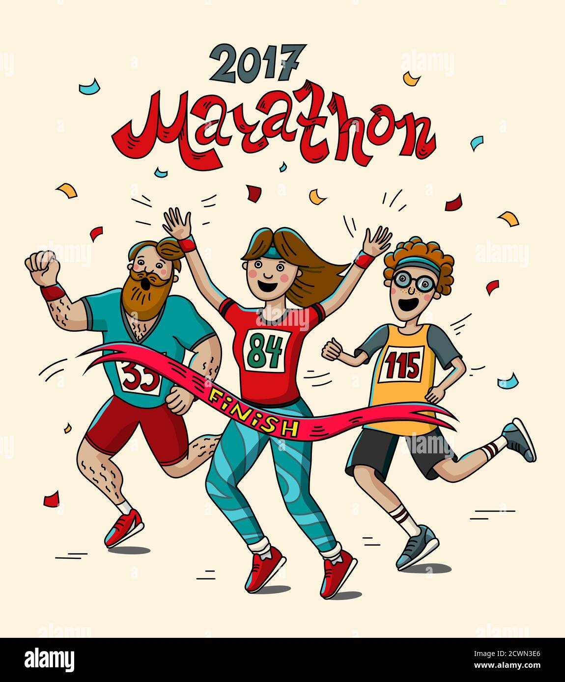 Man, teenager and woman runner cross the finish line. Cartoon style ...