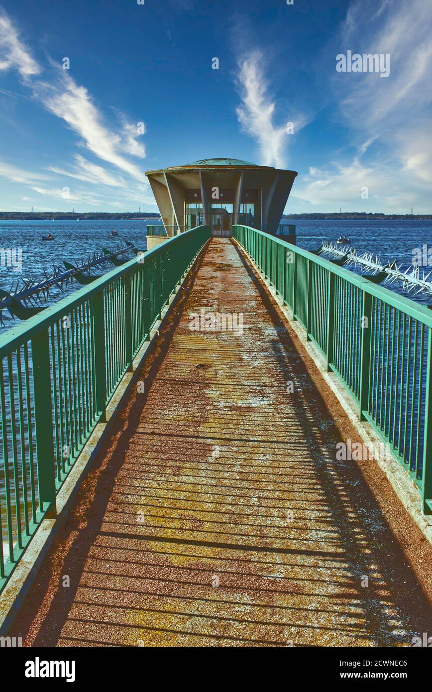 Valve tower and walkway at Grafham Water reservoir, Cambridgeshire, UK ...