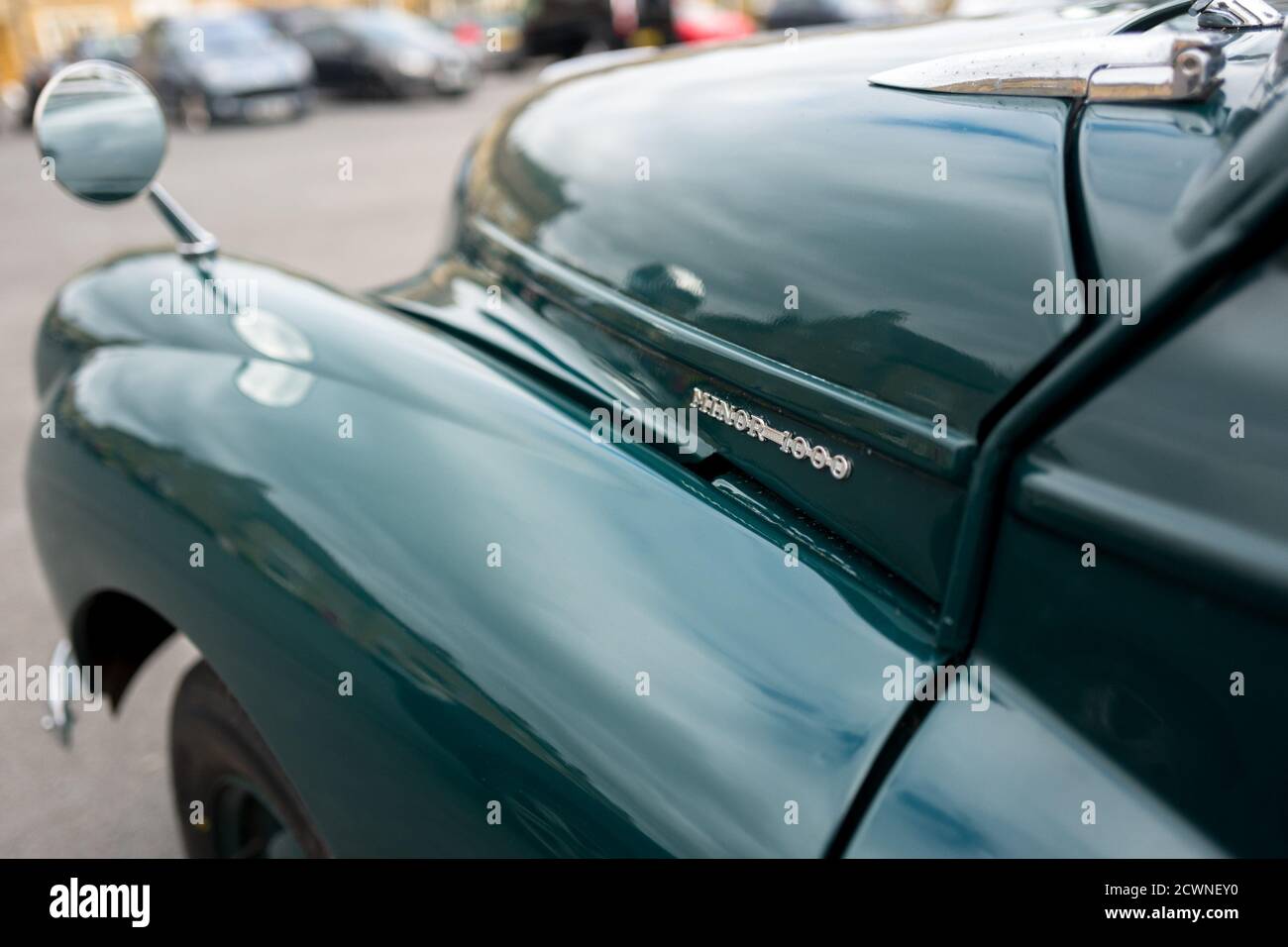 British motoring icon, the Morris Minor 1000 in dark green colour Stock ...