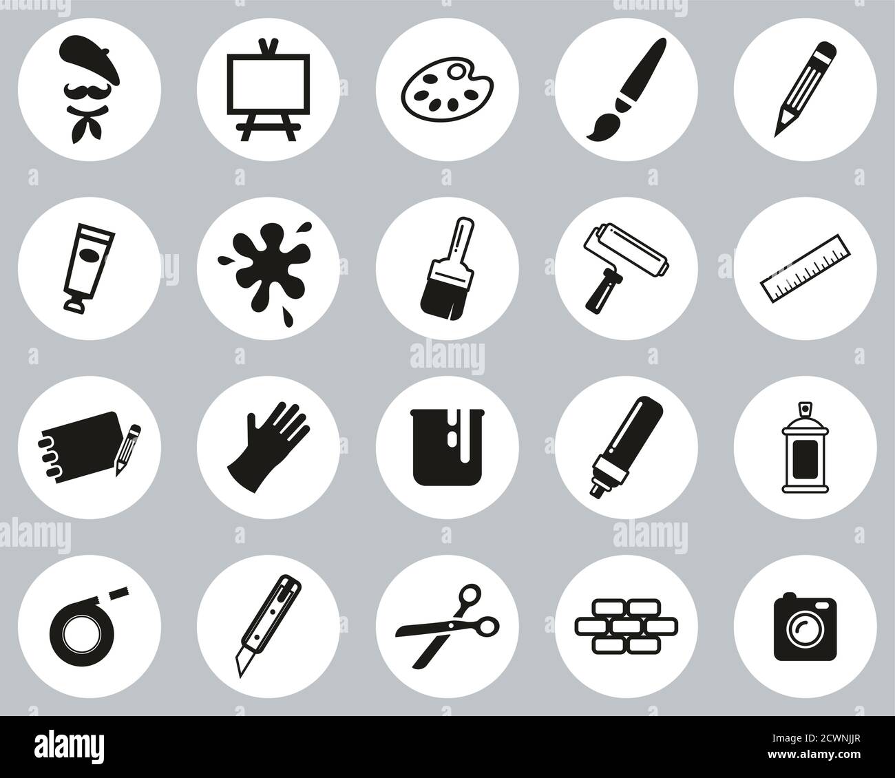 Artist Or Arts Equipment Icons Black & White Flat Design Circle Set Big ...