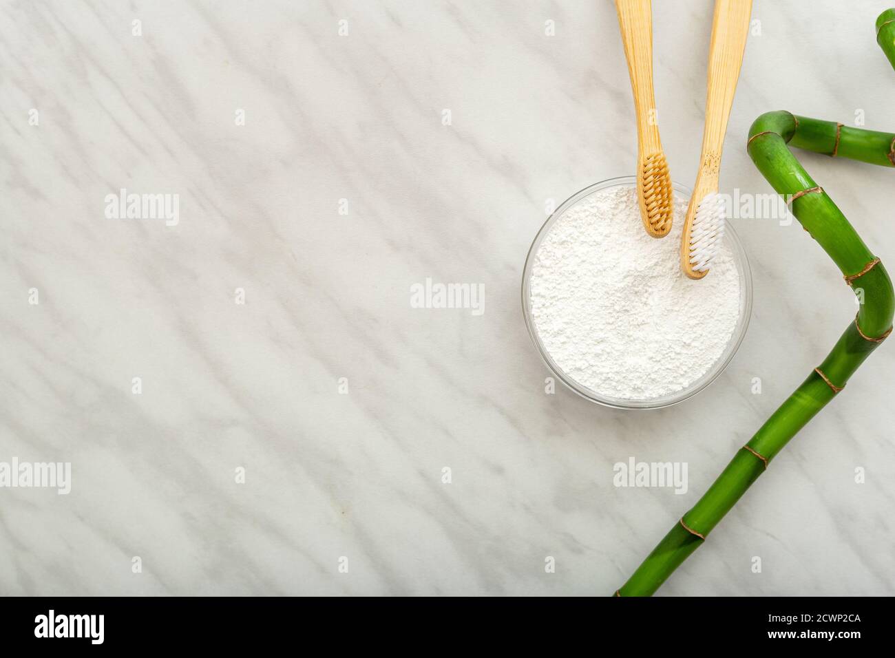 Bamboo toothbrush, bamboo plant dentifrice tooth powder on white marble ...