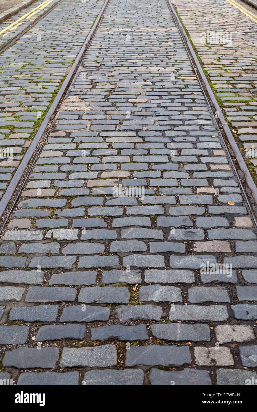 Tram lines in cobbles hi-res stock photography and images - Alamy