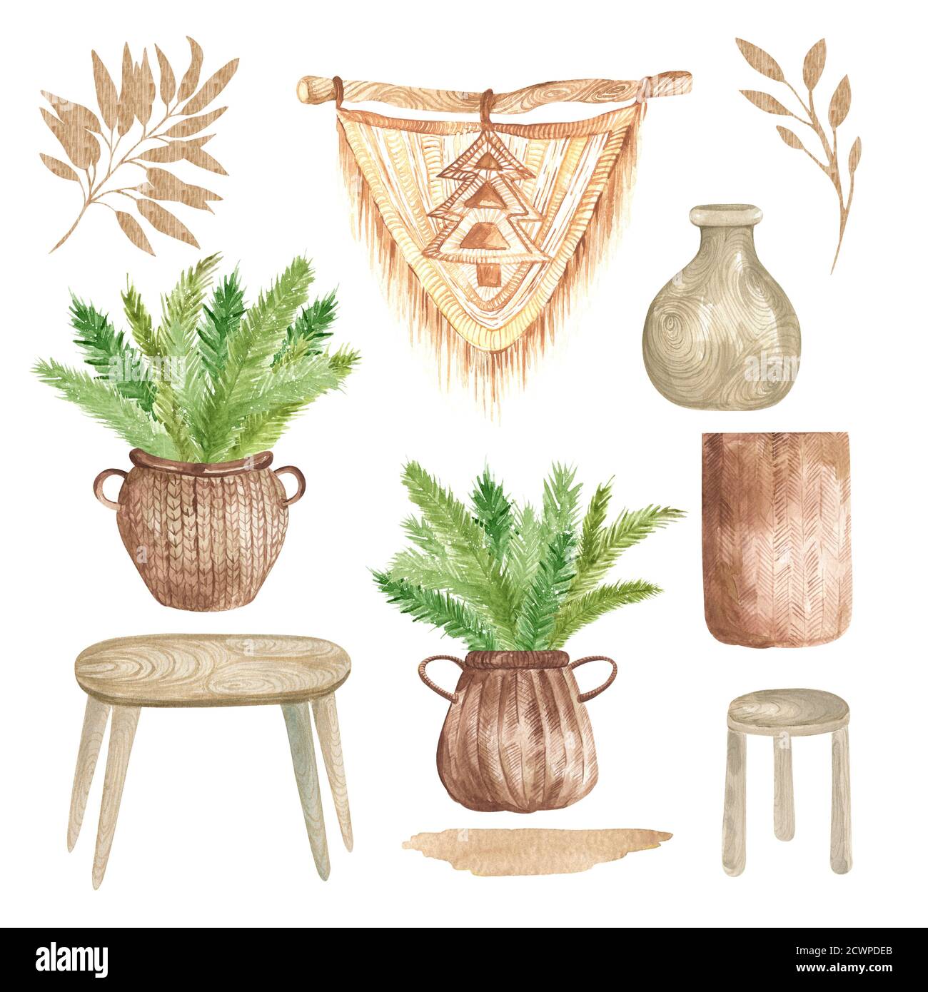 Modern Boho elements of the interior. Home decor macrame, baskets with ...