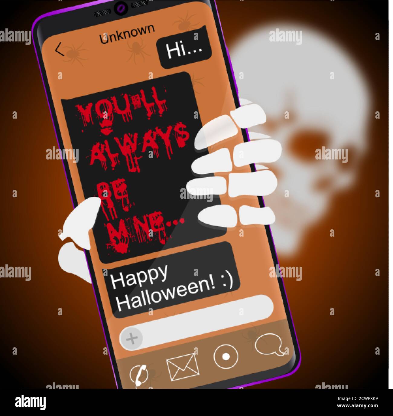 Phone with scary Halloween text. The skeleton is holding the phone ...