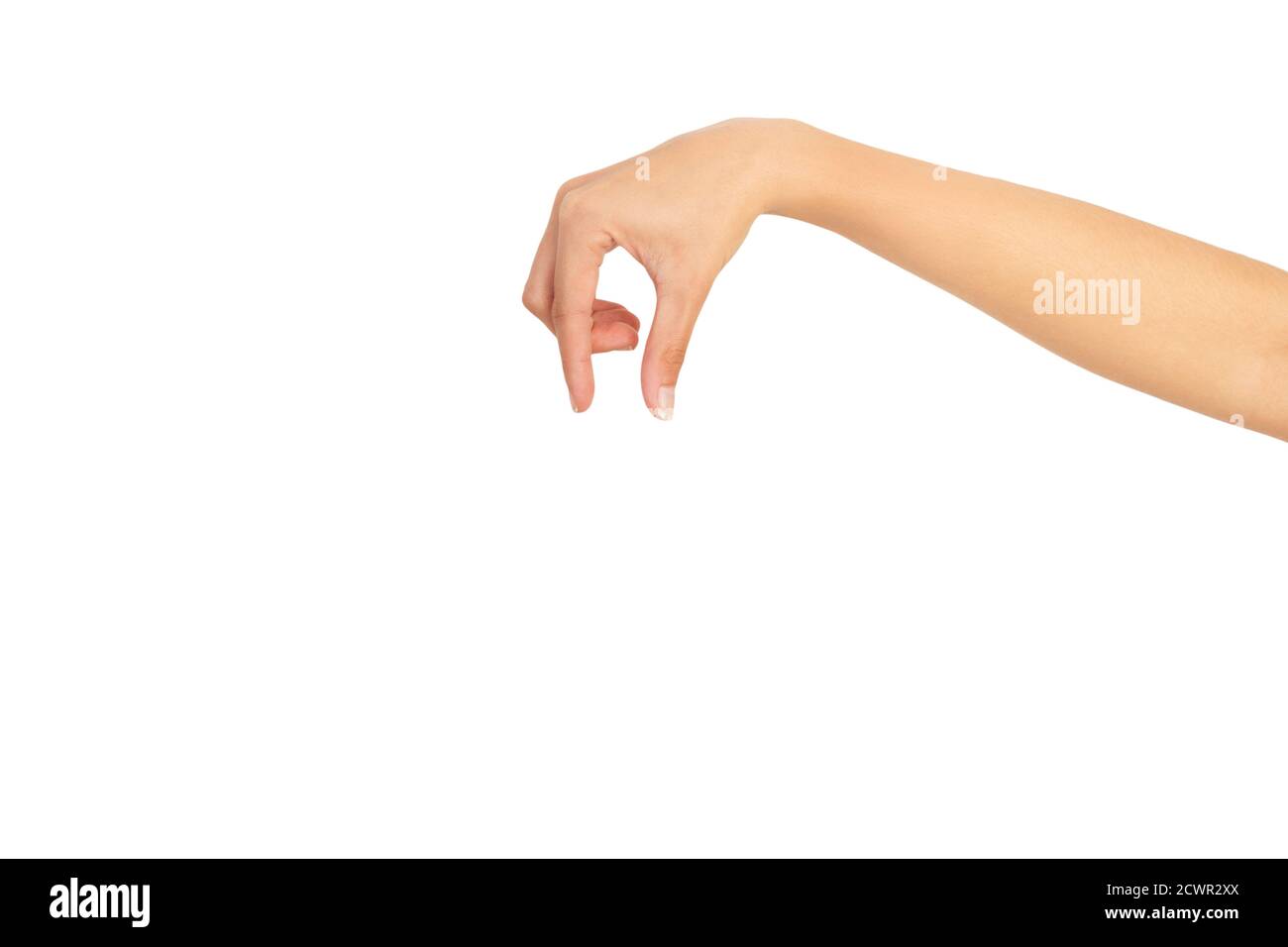 Woman hand with gesture of holding something small on a white ...