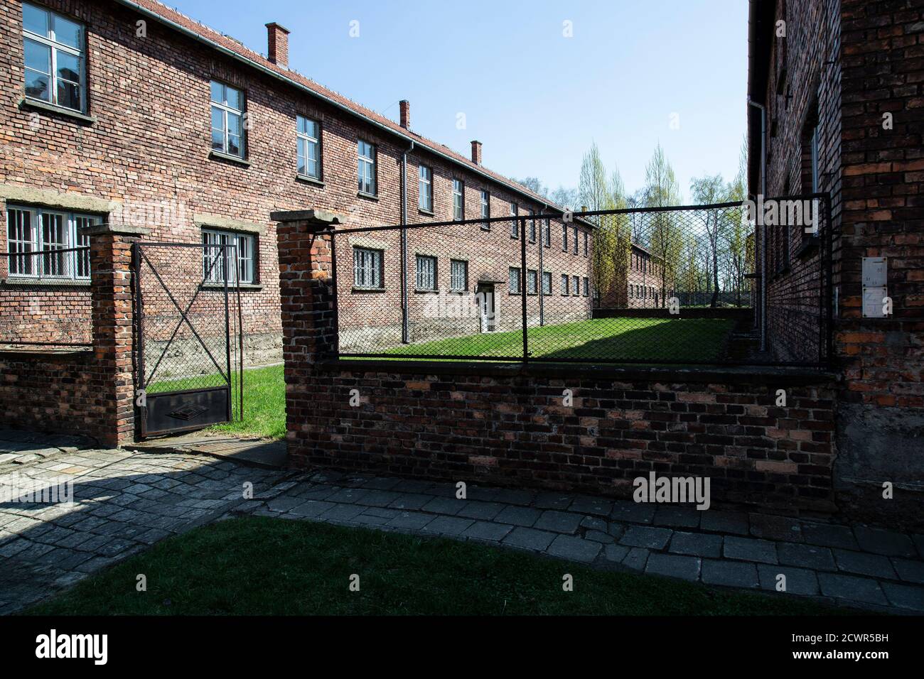 External view through the fencing of the Auschwitz Birkenau ...