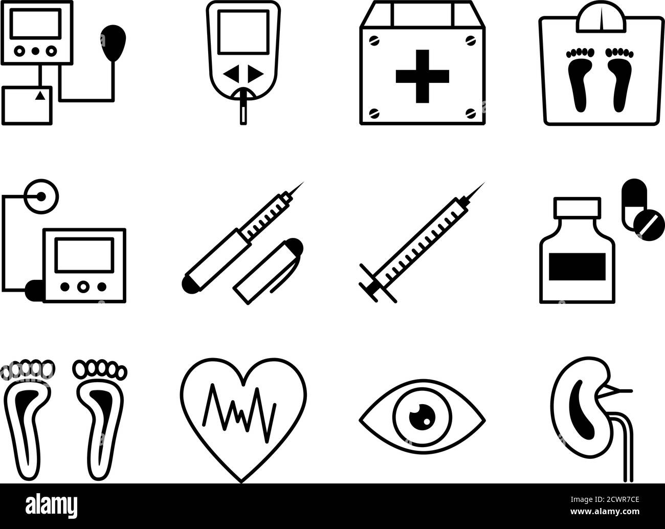 Diabetes and blood sugar measurement line icons. Diabetes disease icons ...