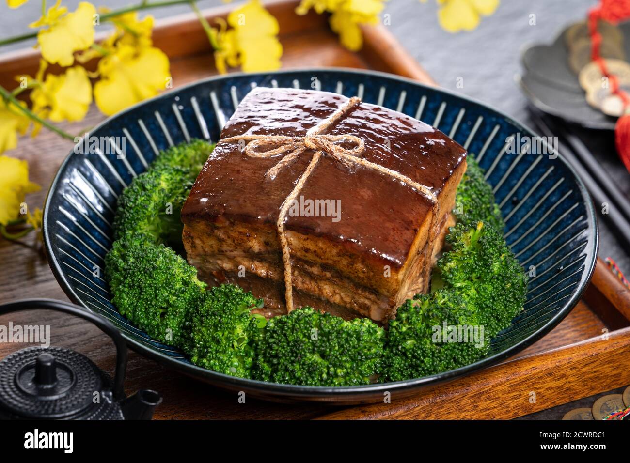 Dong Po Rou (Dongpo pork meat) in a beautiful plate with green ...