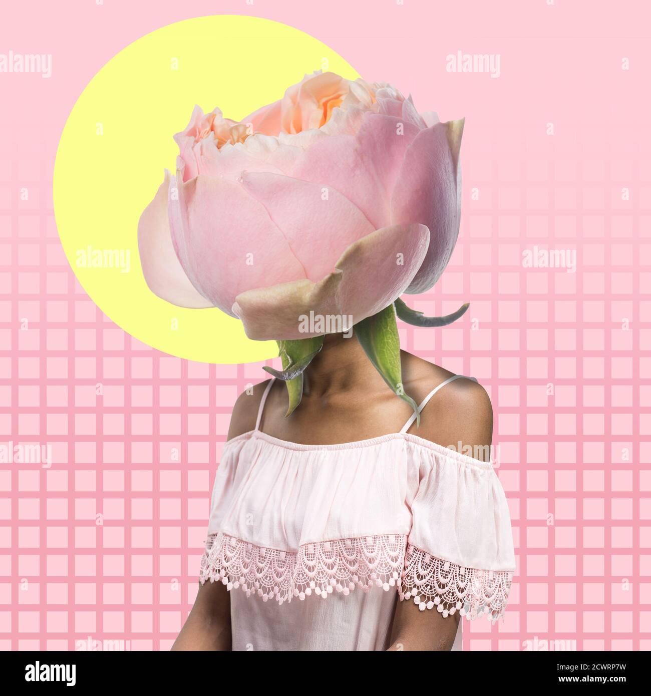 Contemporary art collage. A woman's body with beautiful rose as a head ...